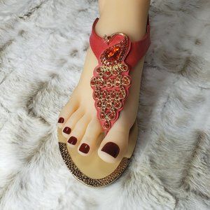 SilverDew | Shoes | Red Rhinestone Peacock Toe Strap Sandals | Poshmark